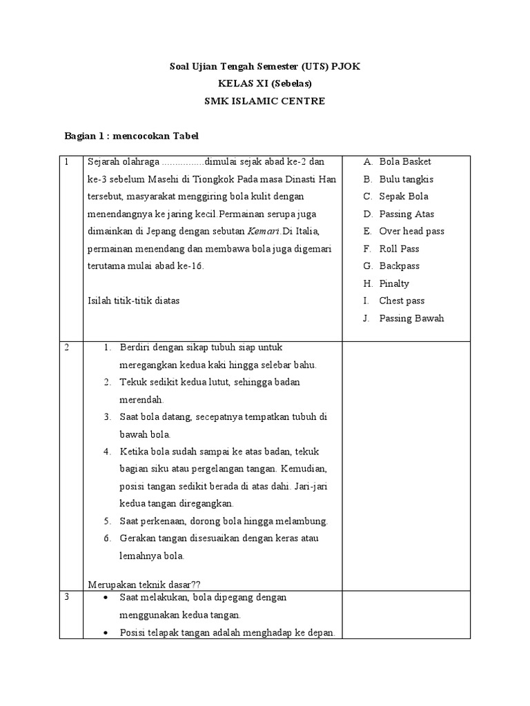 Soal UTS PJOK Kelas XI SMK | PDF