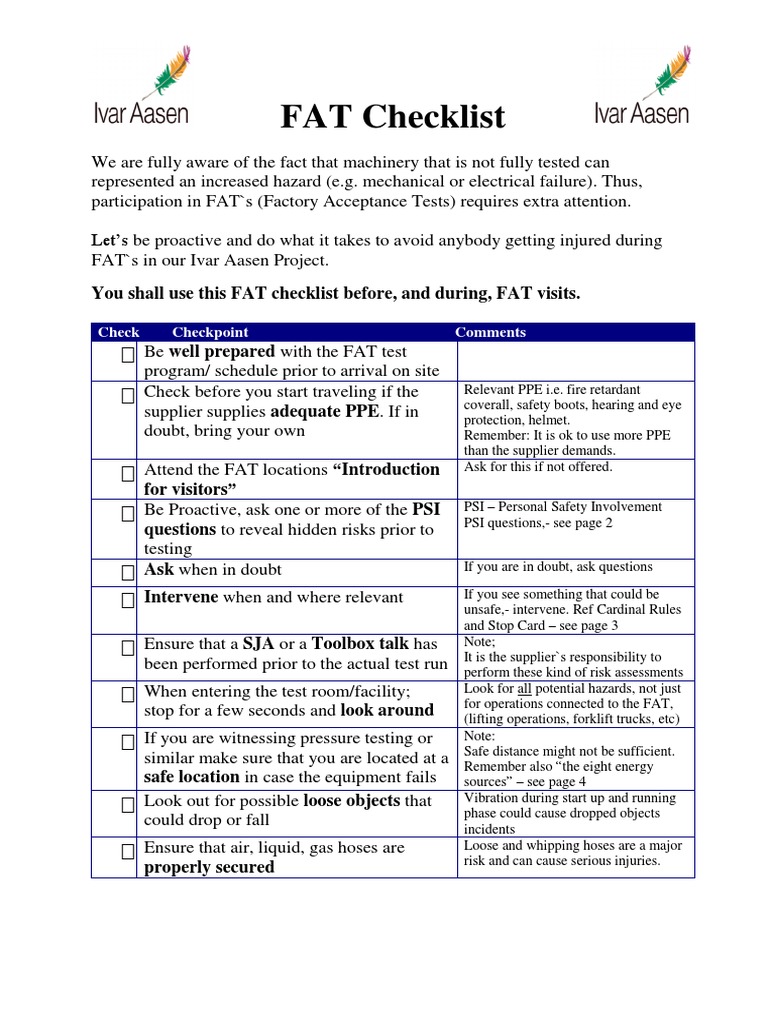 FAT Checklist | PDF | Personal Protective Equipment | Safety