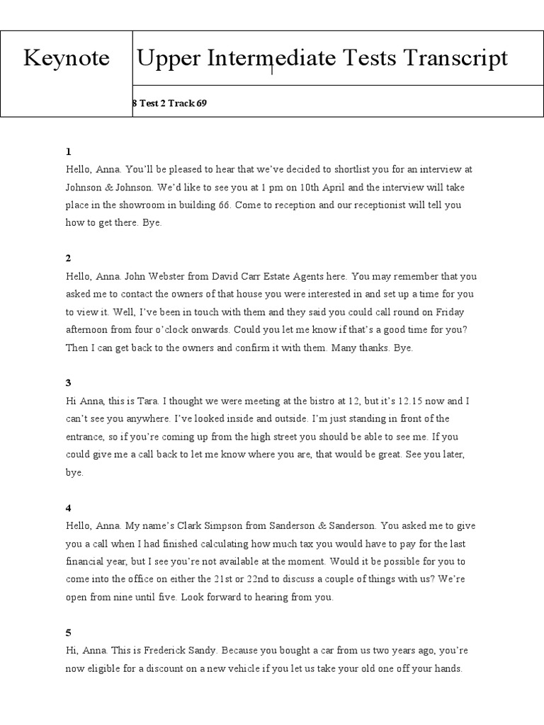 Upper Intermediate Tests Transcript Keynote: Page 208 Test 2 Track 69 | PDF