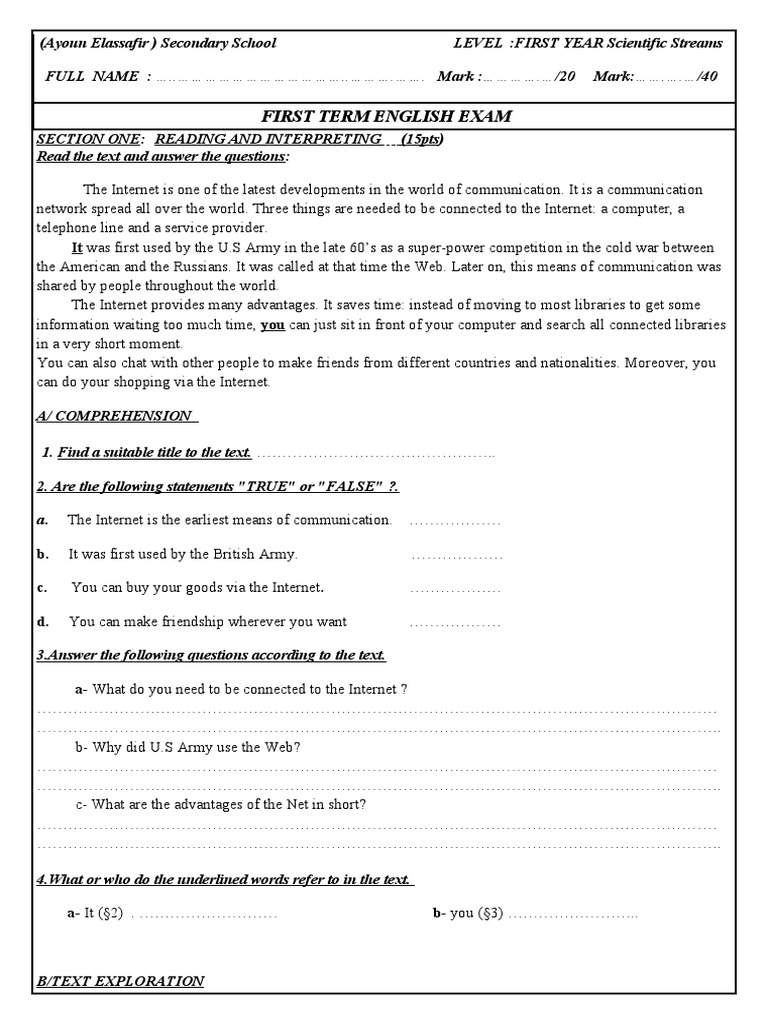 First Term English Exam for Students in the First Year Scientific ...