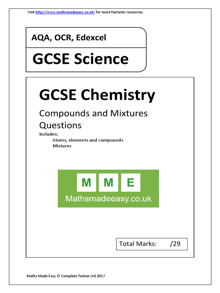GCSE Chemistry AQA OCR EDEXCEL. Compounds and Mixtures. Questions | PDF ...