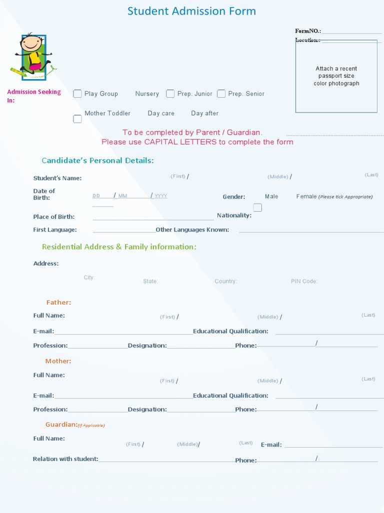 Preschool Student Admission Form | PDF | Preschool