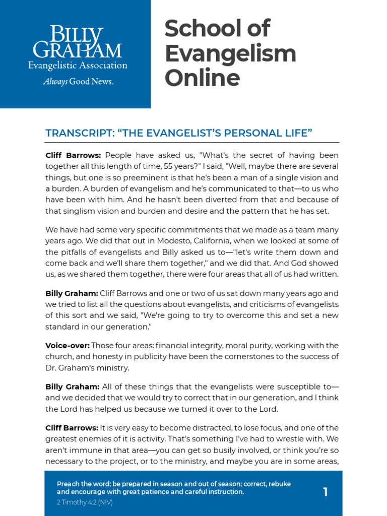 School of Evangelism Online: Transcript: "The Evangelist'S Personal ...
