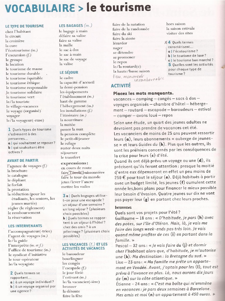 Vocabulaire Du Tourisme Exercices Na | PDF