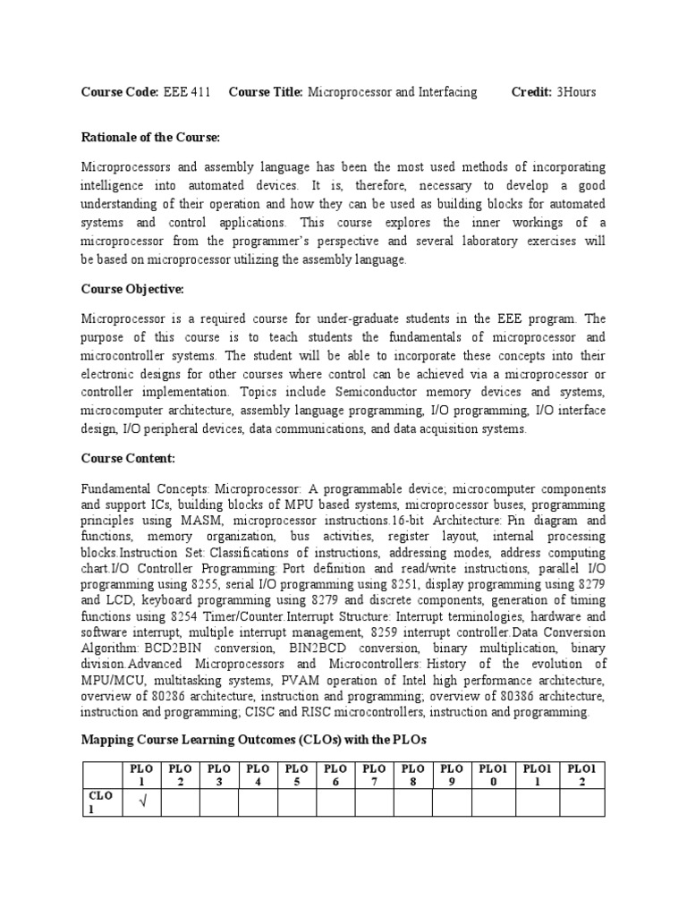 Course Code: EEE 411 Course Title: Microprocessor and Interfacing Credit: 3hours Rationale of ...