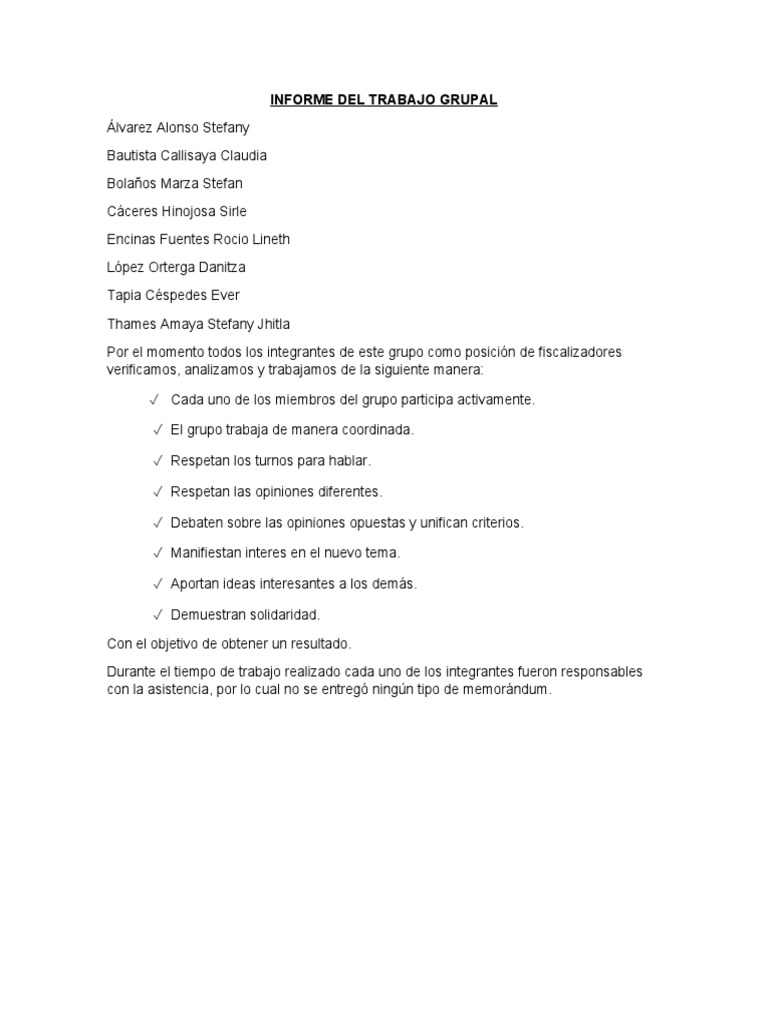 Informe Del Trabajo Grupal | PDF
