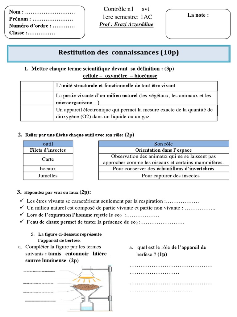 Control 1 s1 1ac B | PDF | Cellule (Biologie) | Biologie