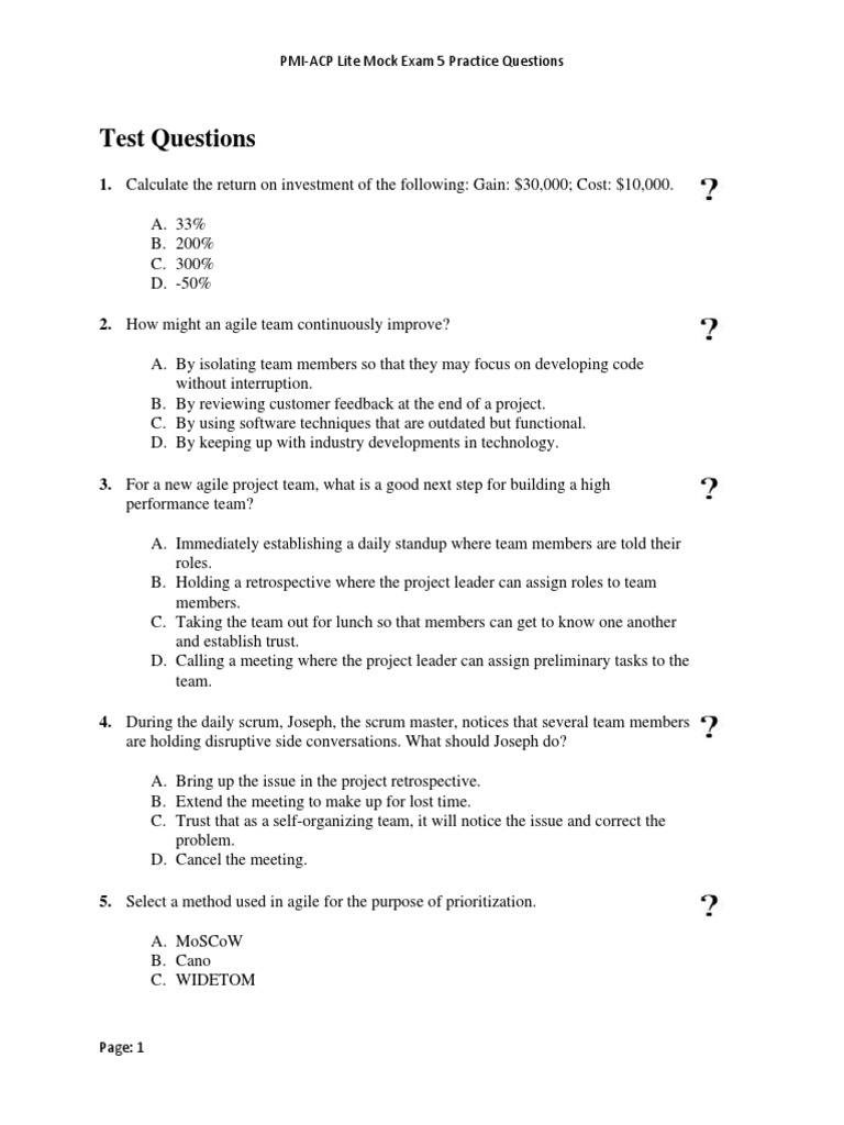 Test Questions: PMI-ACP Lite Mock Exam 5 Practice Questions | PDF ...