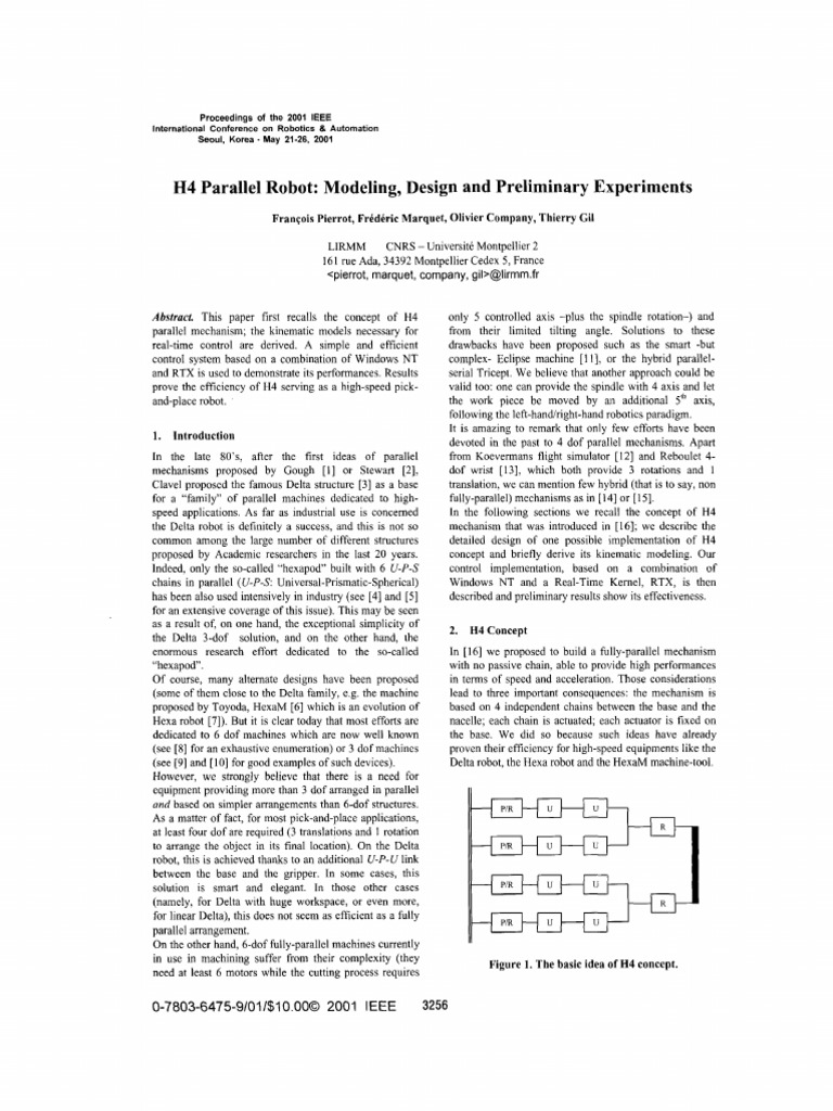 H4 Parallel Robot: Modeling, Design and Preliminary Experiments | PDF | Kinematics | Machines