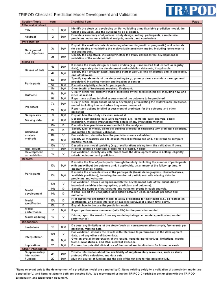 Tripod Checklist Prediction Model Development and Validation PDF | PDF ...