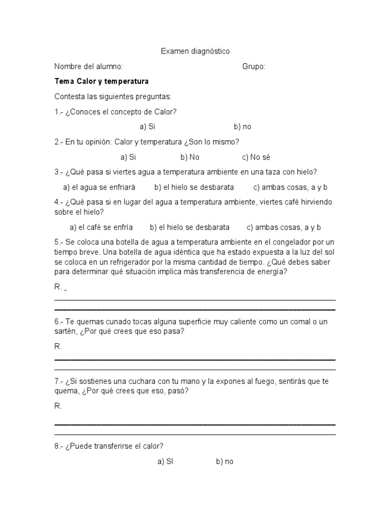 Examen Diagnóstico - Calor y Temperatura | PDF