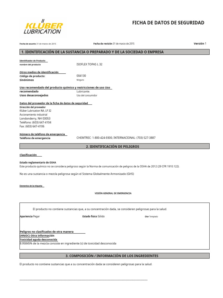 Ficha de Seguridad Isoflex Topas L32 | PDF | Agua | Toxicidad