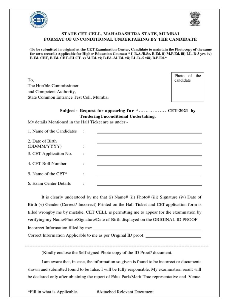 CET Unconditional Undertaking Form 2025 | PDF