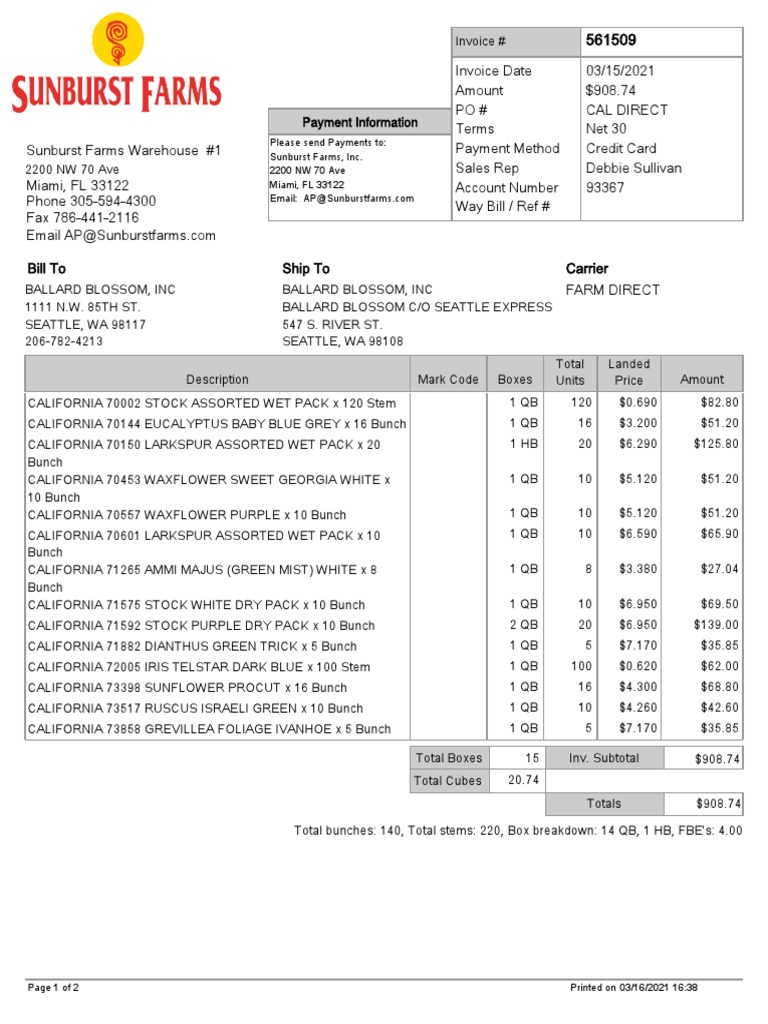 Please Send Payments To: Sunburst Farms, Inc. 2200 NW 70 Ave Miami, FL ...
