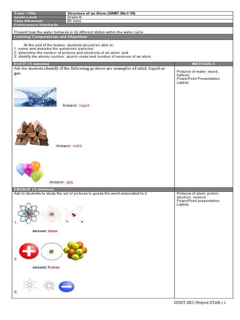 Grade 8 Atomic Structure Lesson Plan | PDF | Proton | Atoms