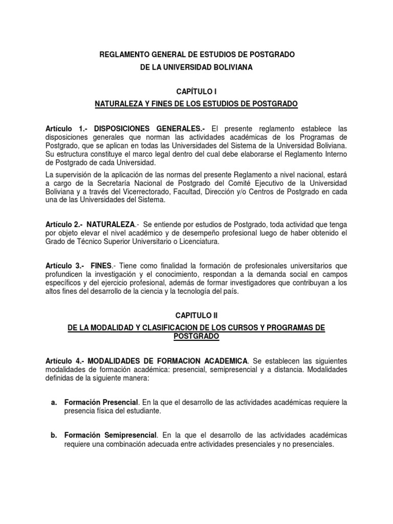 Reglamento de Postgrado en Universidades Bolivianas | PDF | Titulo academico | Licenciatura