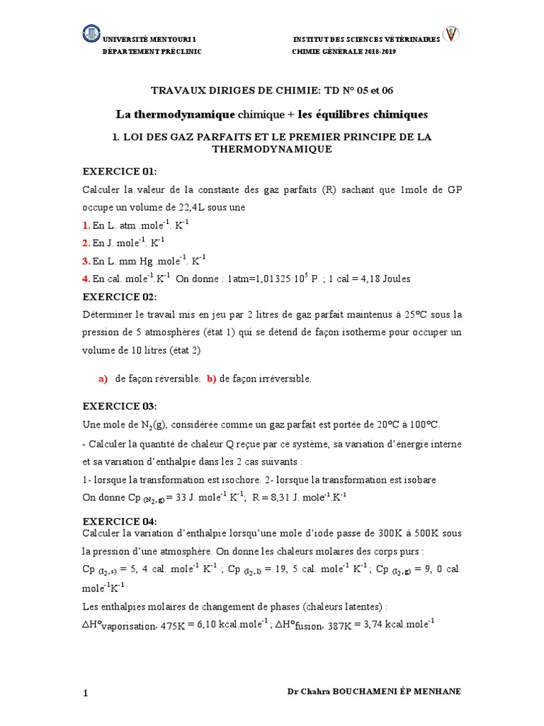 TD 05 06 Chimie | PDF | Thermodynamique | Grandeur physique