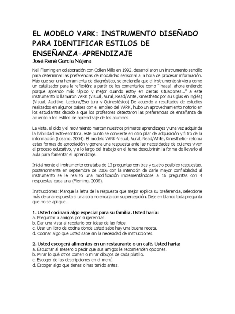 Test de Estilos de Aprendizaje EL MODELO VARK | PDF | Aprendizaje | Libros