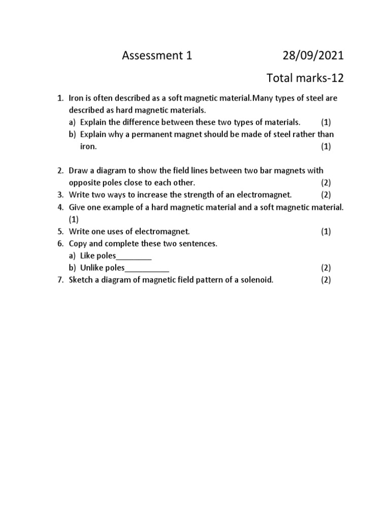 Assessment 1 Magnetism | PDF | Science & Mathematics