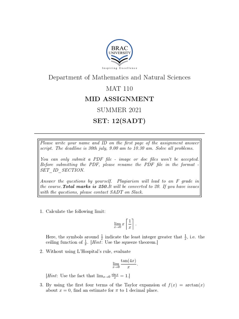 MAT 110 Mid Assignment Summer 2021 | PDF