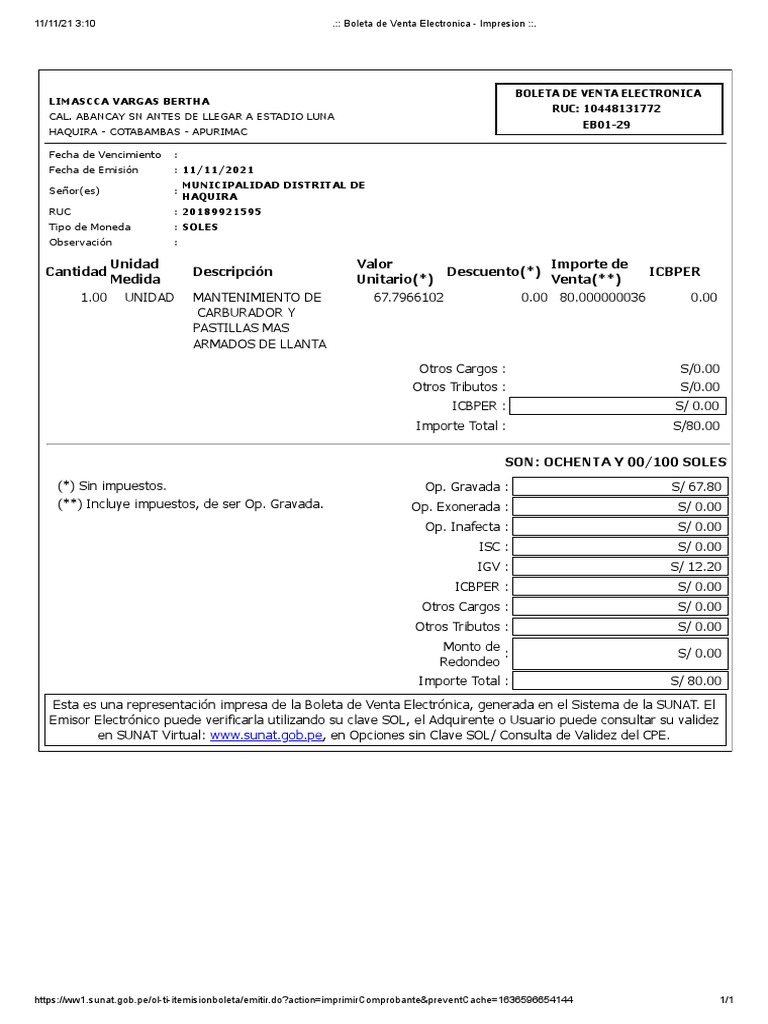 Boleta de Venta Electronica - Impresion - 20 | PDF