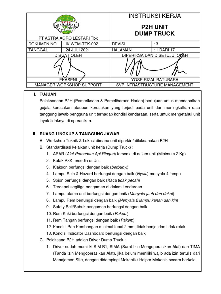 STANDAR OPERASIONAL PROSEDUR P2H UNIT DUMP TRUCK | PDF