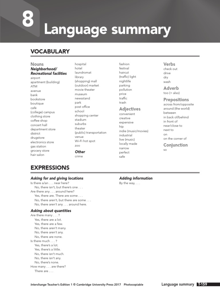 Interchange5thEd Level1 Language Summary Unit8 | PDF | Linguistics ...