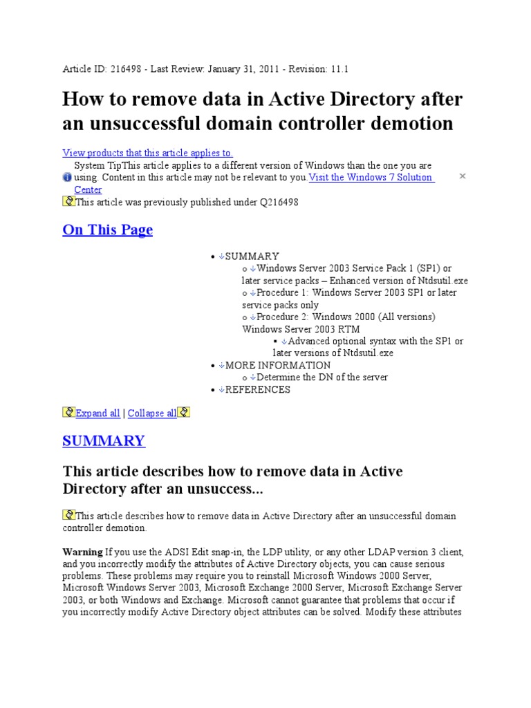 How To Remove Data In Active Directory After An Unsuccessful Domain