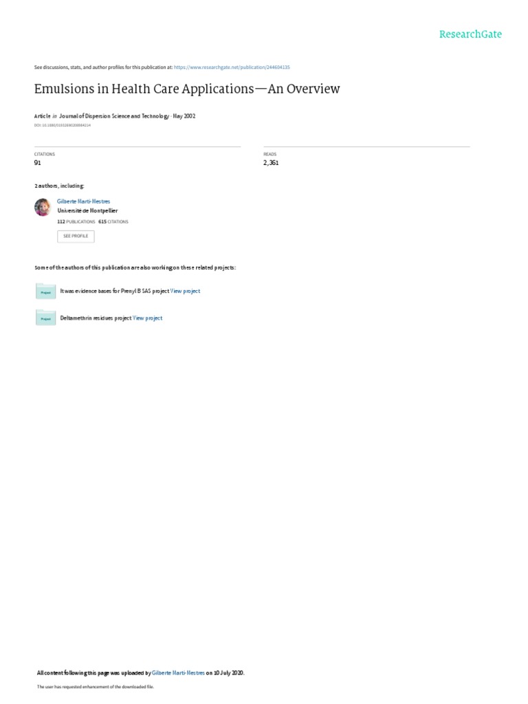 Emulsions in Health Care Applications-An Overview: Journal of ...