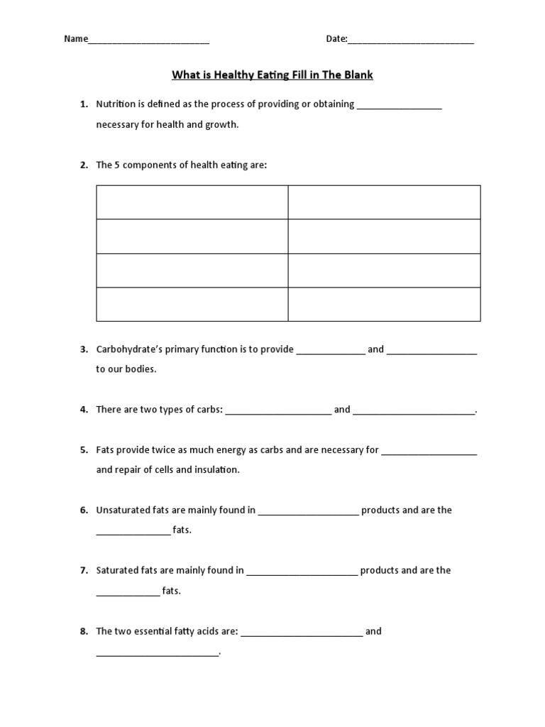 What Is Healthy Eating Fill in The Blank Health 9 | PDF