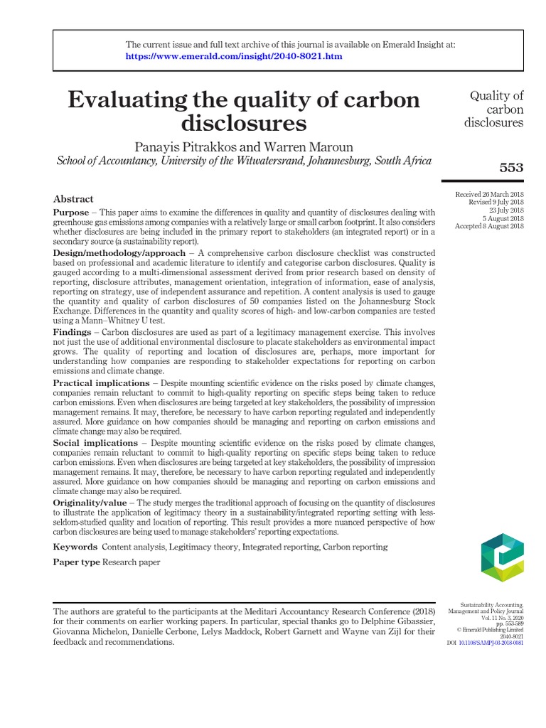 Evaluating The Quality of Carbon Disclosures: Panayis Pitrakkos Warren ...