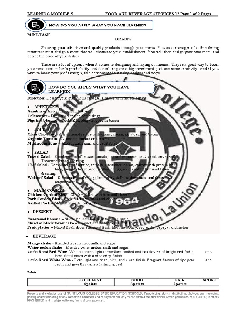 FBS (Module 5) Mini Task | PDF | Menu | Bacon