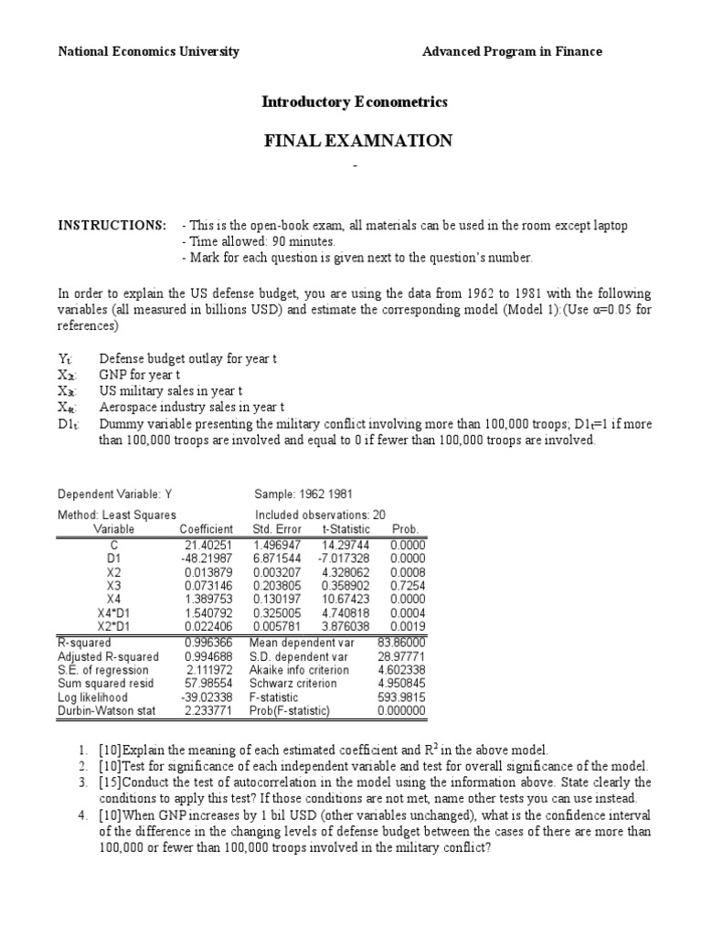 Econometrics Final Exam 2010 | PDF | Statistical Significance | Coefficient Of Determination