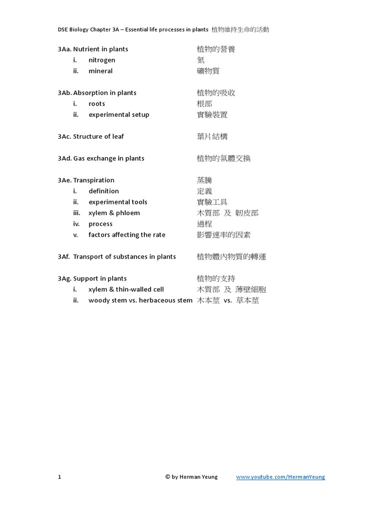 DSE Biology Chapter 3A - Essential life processes in plants 植物維持生命的活動 ...