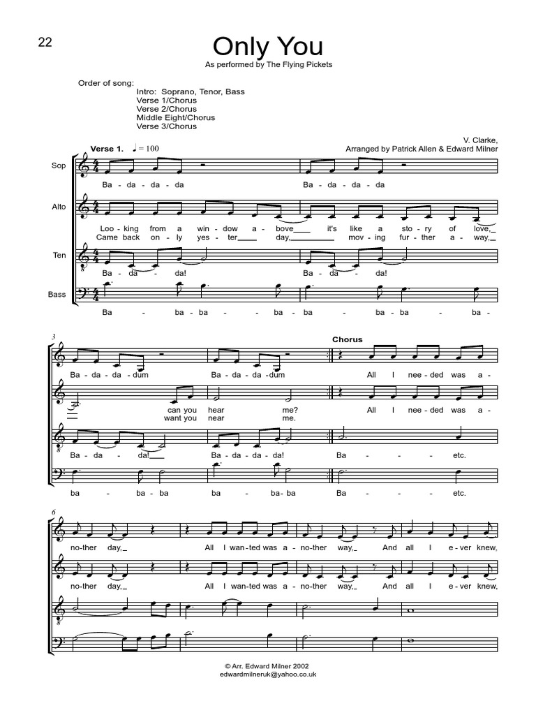 Only You: Order of Song: Intro: Soprano, Tenor, Bass Verse 1/chorus ...