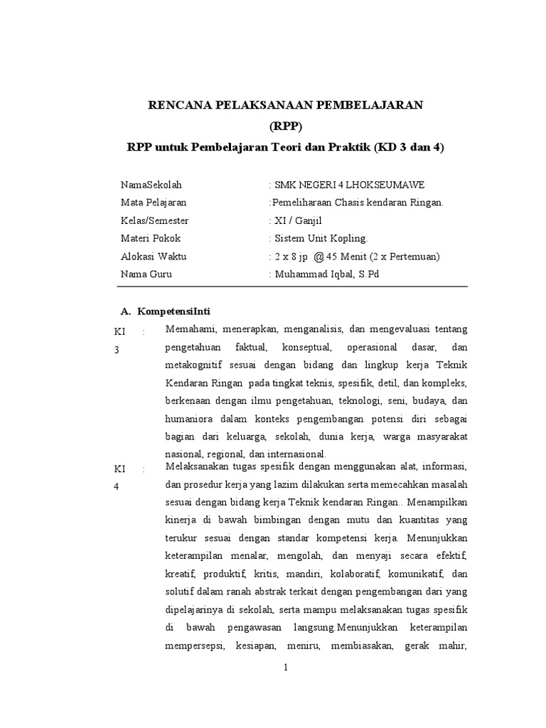 RPP Memahami Prinsip Kerja Sistem Unit Kopling | PDF | Karier & Perkembangan