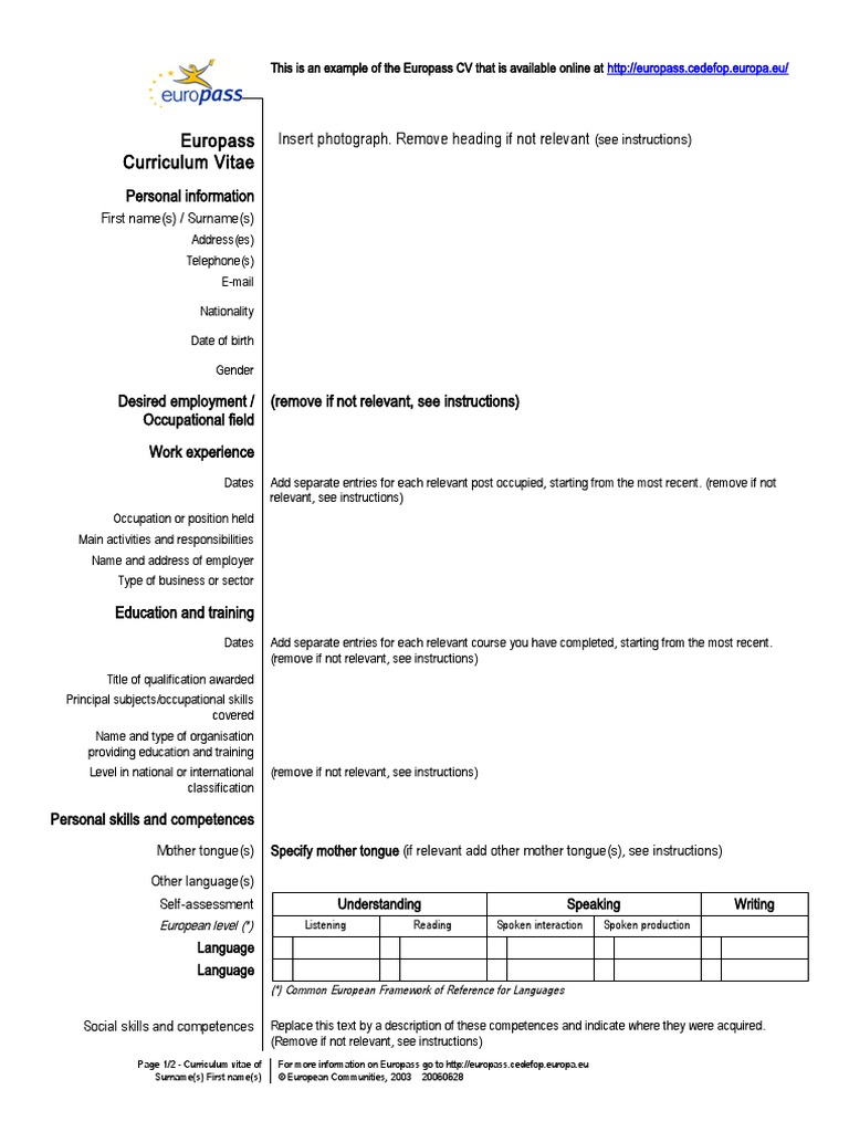 Europass European CV Template | PDF | Human Communication | European ...