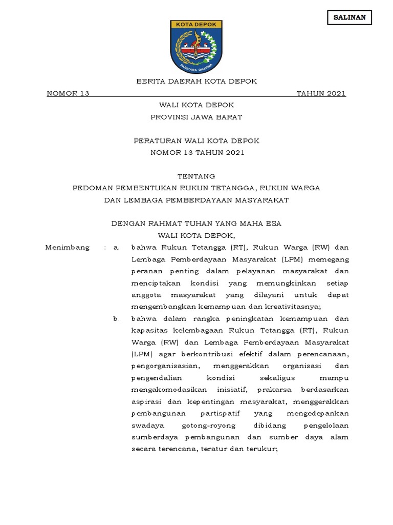 Perwal Kota Depok Nomor 13 Tahun 2021 | PDF