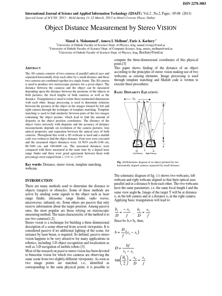Object Distance Measurement via Stereo Vision | PDF | Stereoscopy | Optics