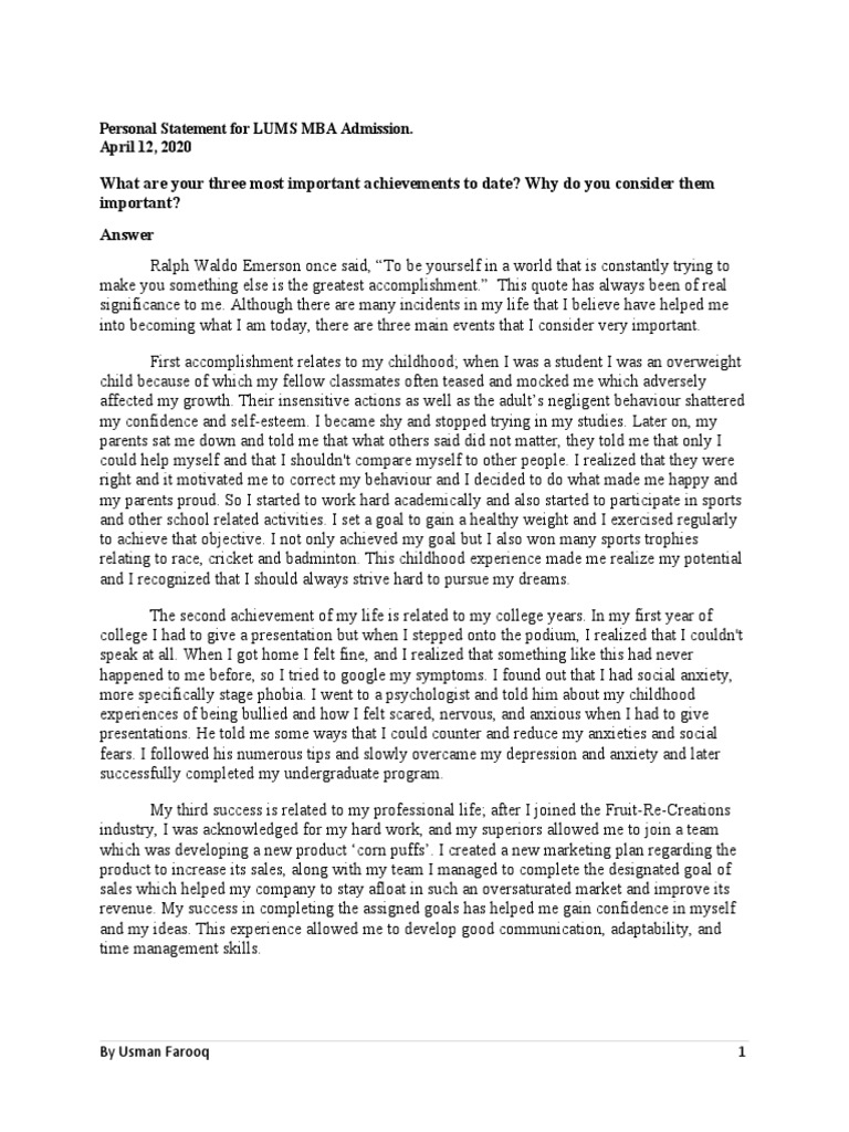 LUMS MBA Personal Statement | PDF | Sales | Anxiety
