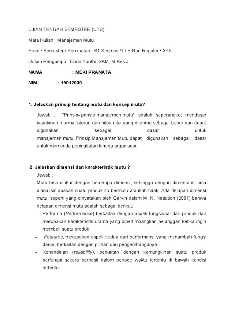 Meki Pranata - Uts - Manajemenmutu | PDF | Bisnis