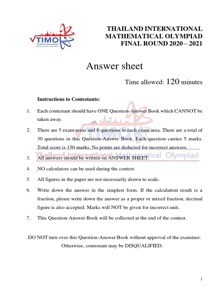 4. TIMO - Final - Mẫu phiếu trả lời (Answer sheet) | PDF | Mathematics