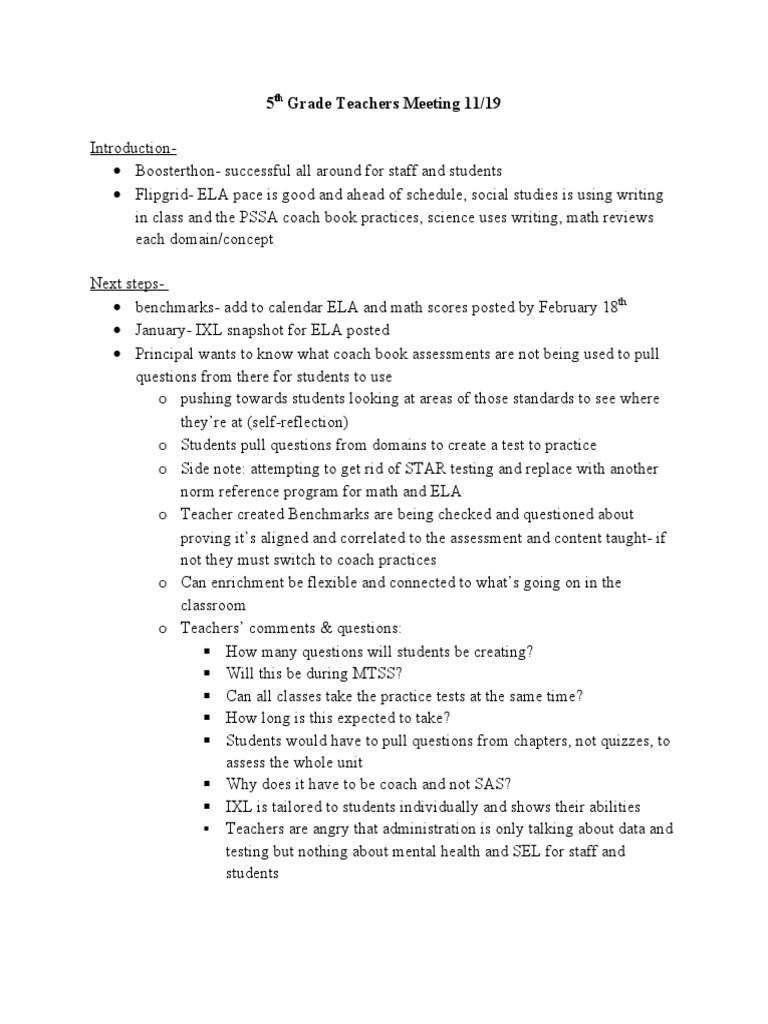 5th Grade Teachers Meeting | PDF