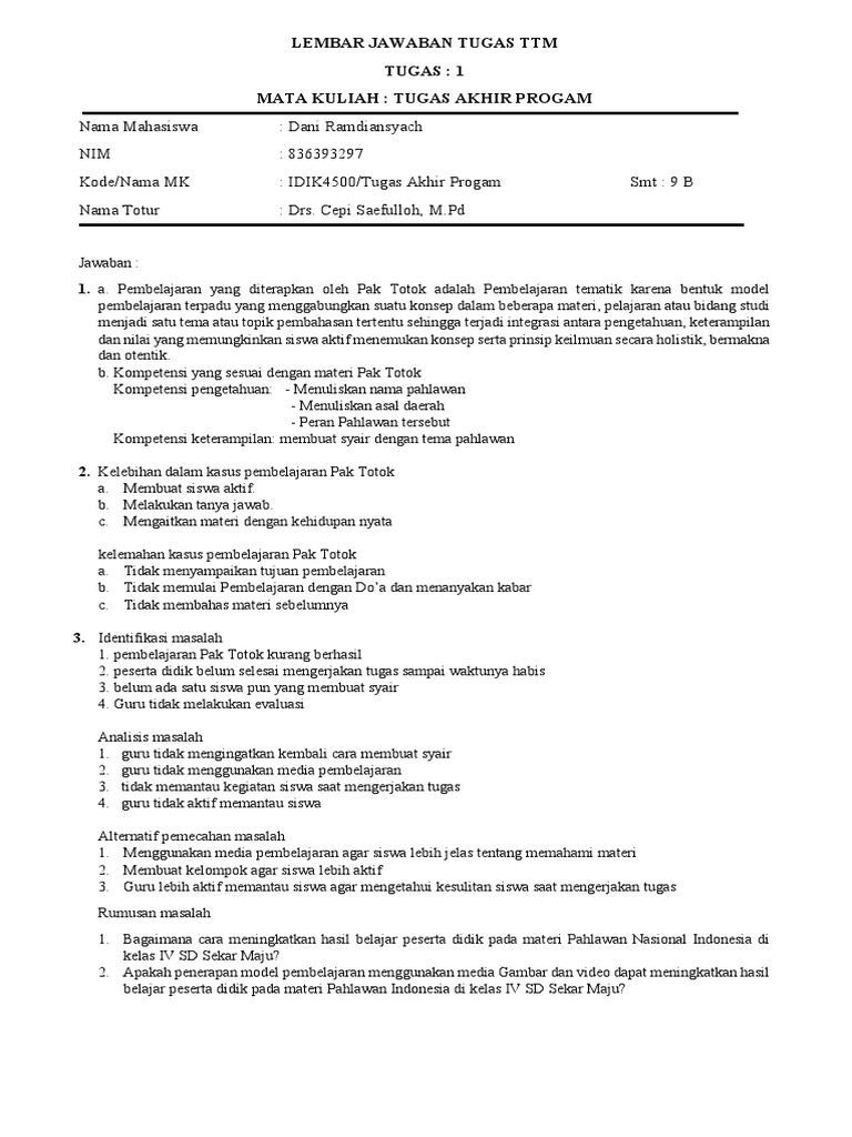Lembar Jawaban Tugas TTM 1 Tap Dani Ramdiansyach 836393297 | PDF | Karier & Perkembangan