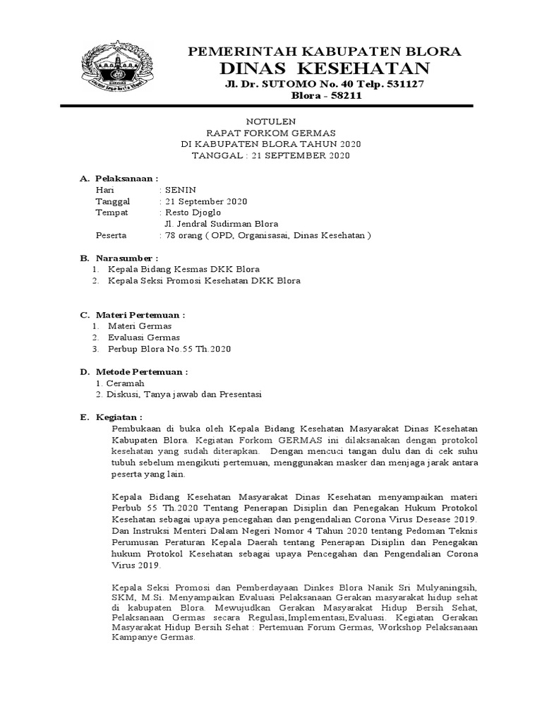 Notulen Rapat Germas Blora 2020 | PDF | Pengembangan Diri