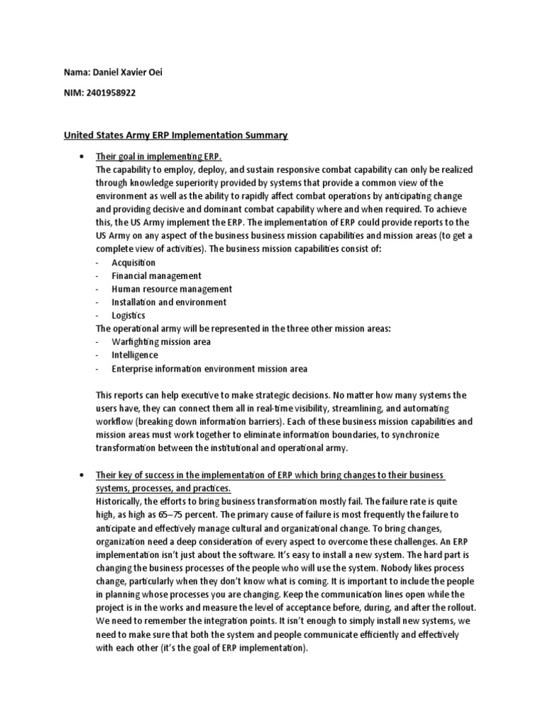 United States Army ERP Implementation Summary | PDF | Enterprise ...