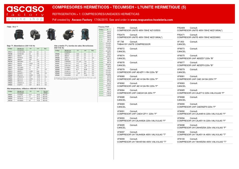 Compresores Hermticos Tecumseh Lunite Hermetique 5 17062015 | PDF | Chemical Engineering | Power ...