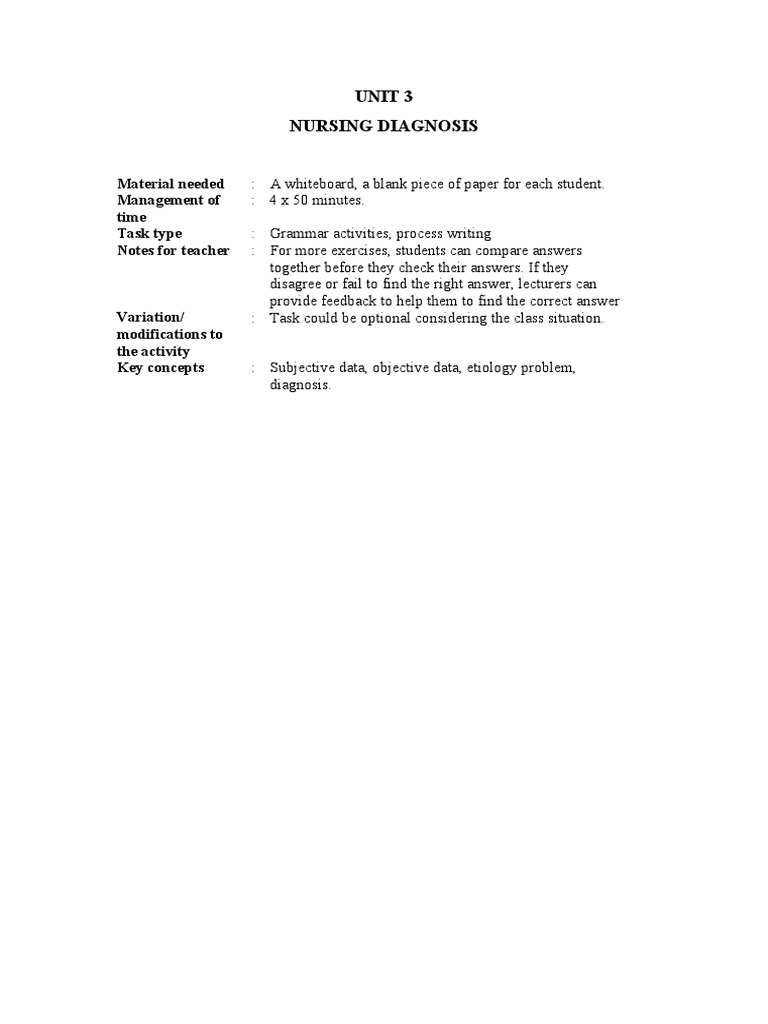 Unit 3 Nursing Diagnosis: Material Needed Management of Time Task Type ...
