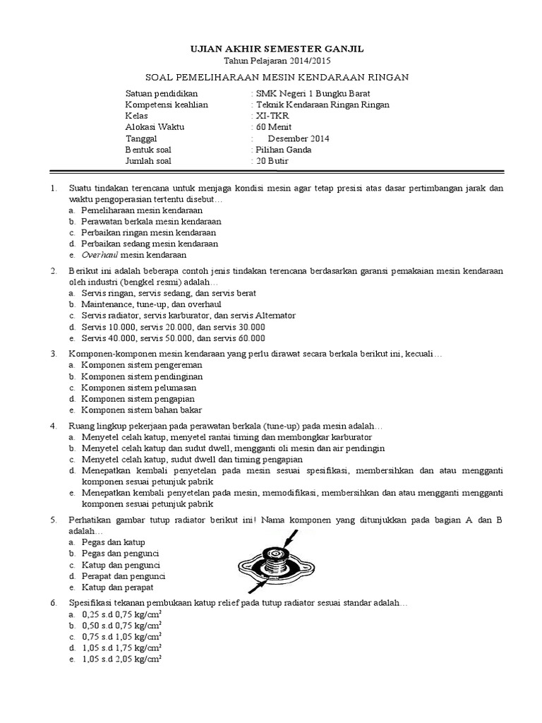 UAS 11-1-1415 - Perawatan Mesin Kendaraan - Soal PG | PDF