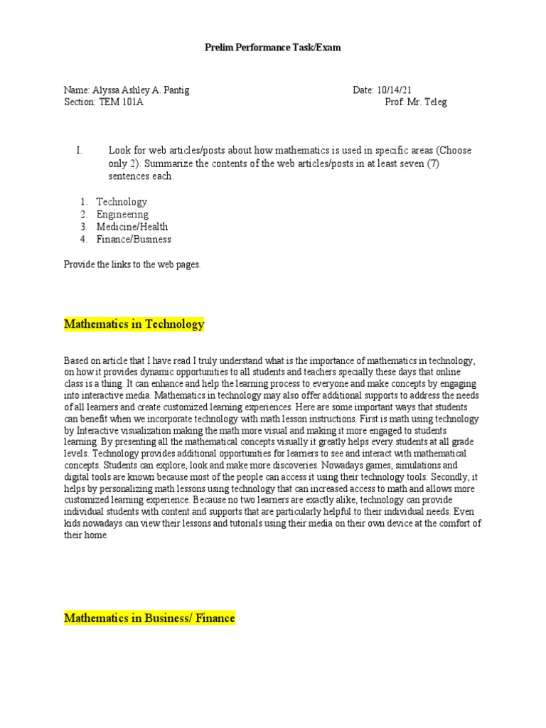 Prelim Performance Task | PDF | Teaching Mathematics | Prices